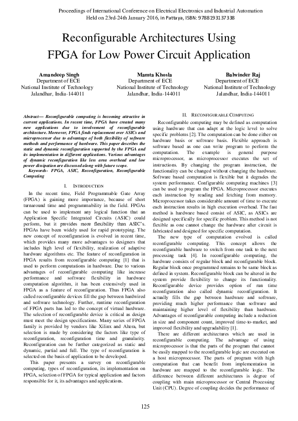(PDF) Reconfigurable Architectures Using FPGA for Low Power Circuit Application