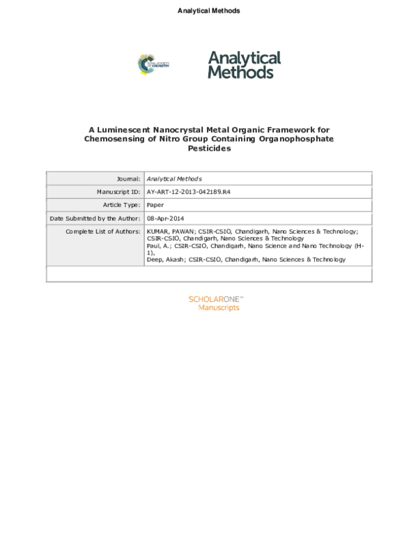 (PDF) A luminescent nanocrystal metal organic framework for sensing of ...