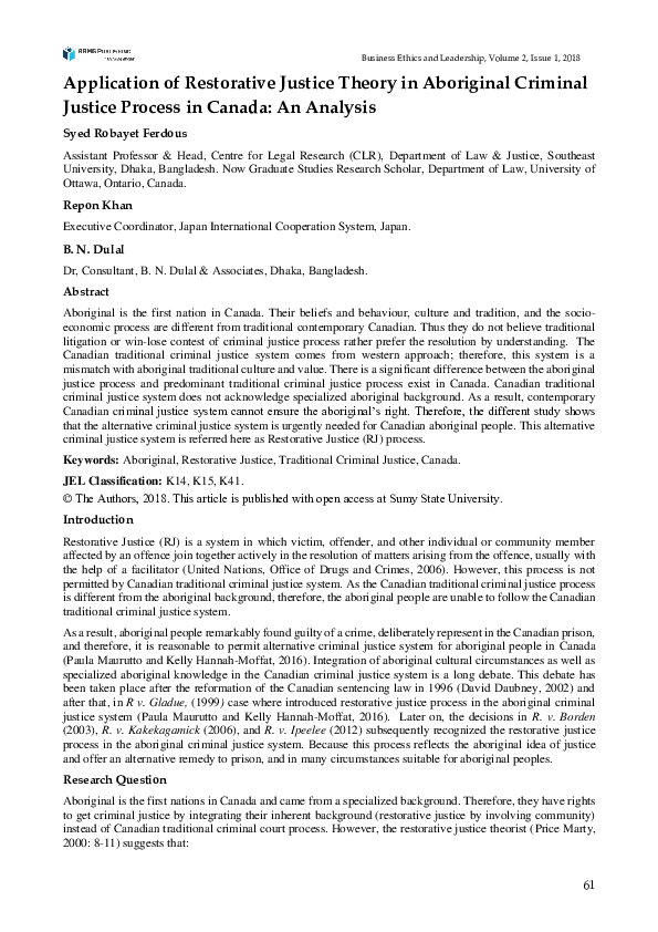 (PDF) Application of Restorative Justice Theory in Aboriginal Criminal Justice Process in Canada ...