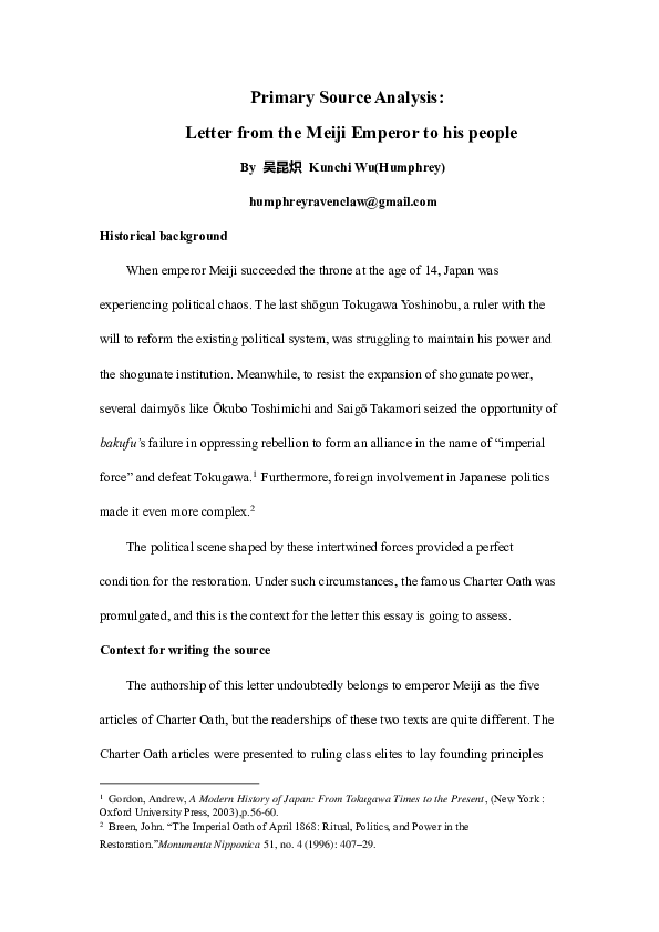 (PDF) Primary Source Analysis: Letter from the Meiji Emperor to his people