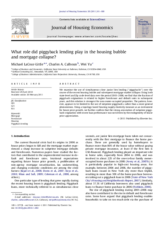 (PDF) What role did piggyback lending play in the housing bubble and ...