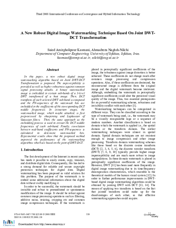 (PDF) A New Robust Digital Image Watermarking Technique Based on Joint DWT-DCT Transformation