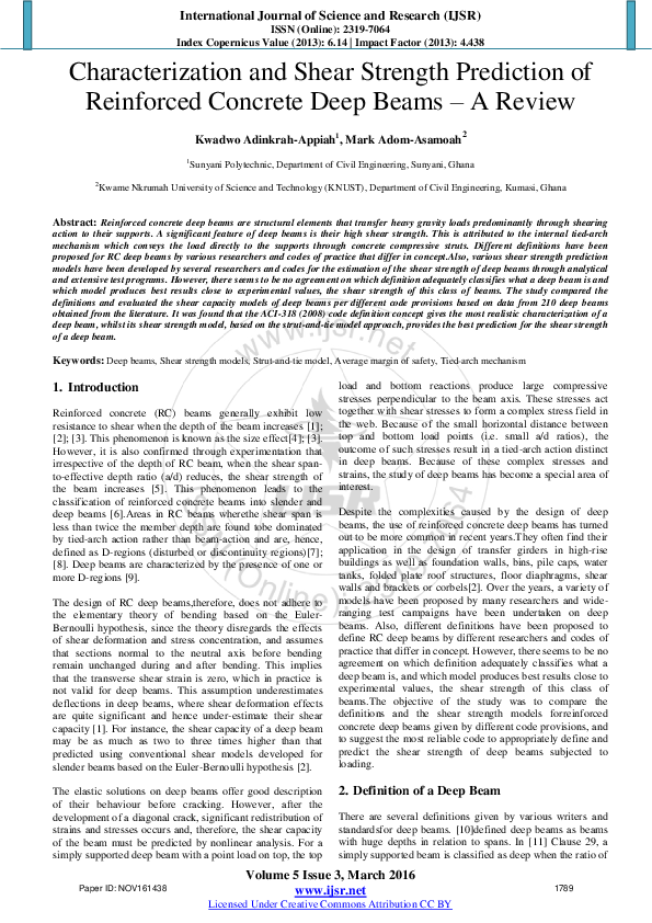 (PDF) Characterization and Shear Strength Prediction of Reinforced Concrete Deep Beams
