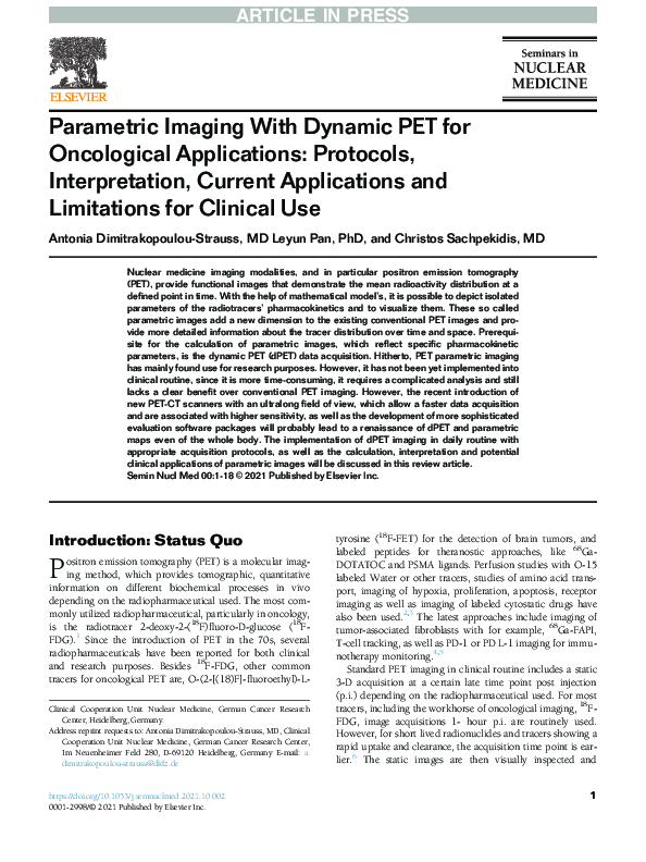 (PDF) Parametric Imaging With Dynamic PET for Oncological Applications: Protocols ...