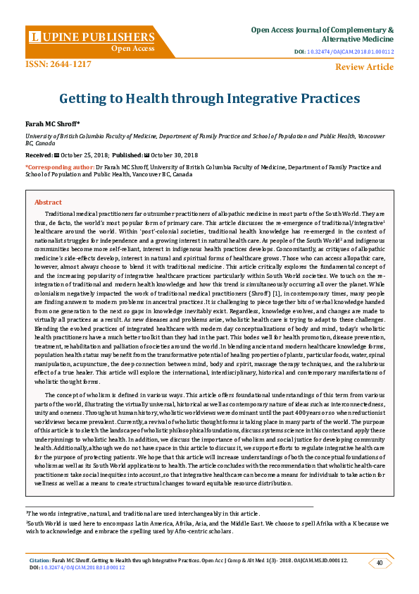 (PDF) Getting to Health through Integrative Practices