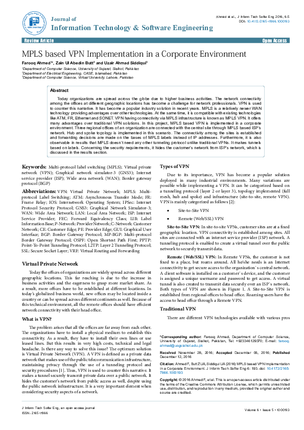 Pdf Mpls Based Vpn Implementation In A Corporate Environment