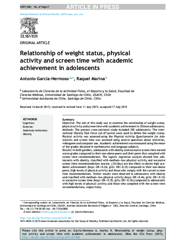 (PDF) Relationship of weight status, physical activity and screen time with academic achievement ...