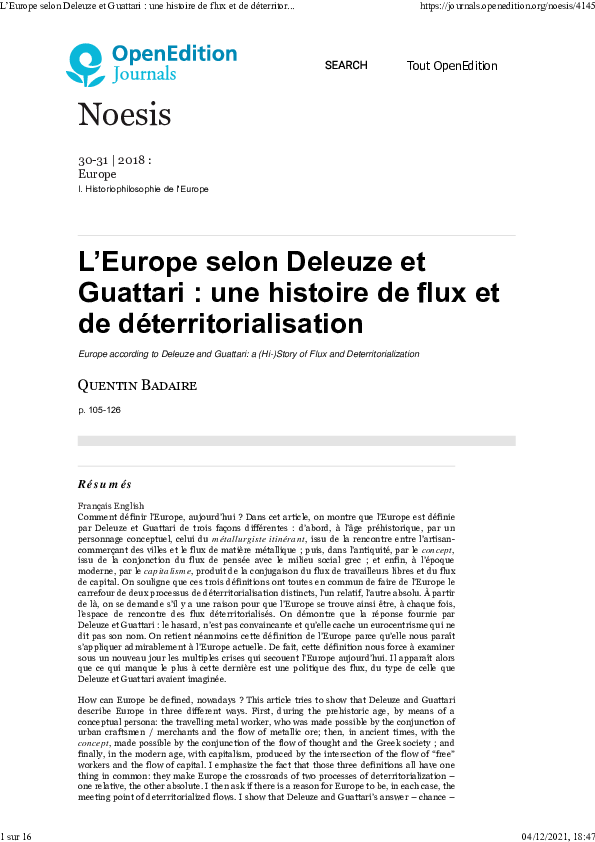 (PDF) L’Europe selon Deleuze et Guattari, une histoire de flux et de ...