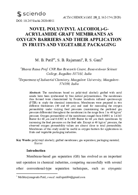 (PDF) NOVEL POLY(VINYL ALCOHOL)-G-ACRYLAMIDE GRAFT MEMBRANES AS OXYGEN ...