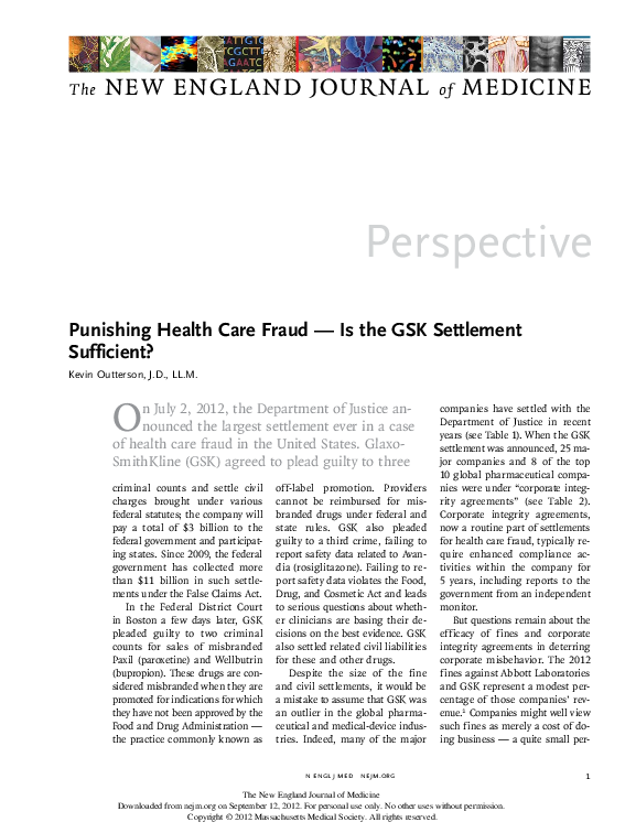 (PDF) Punishing Health Care Fraud — Is the GSK Settlement Sufficient?