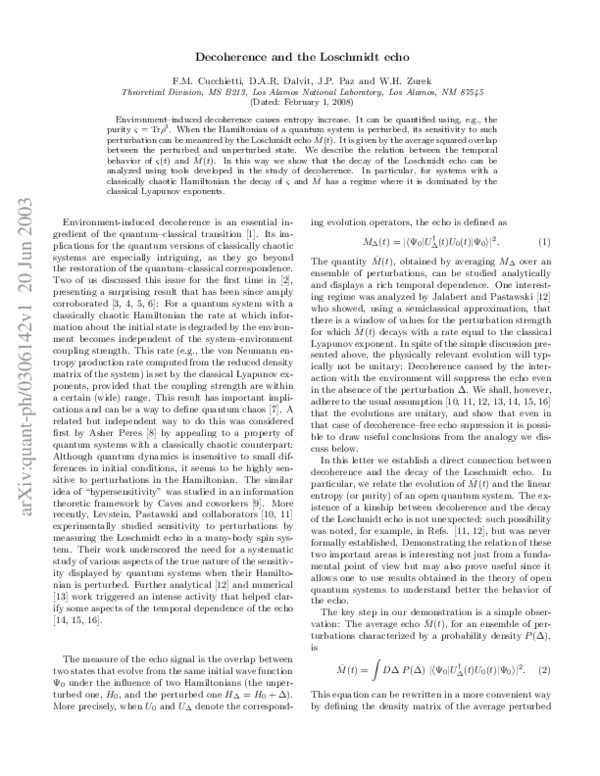 (PDF) Decoherence and the Loschmidt echo