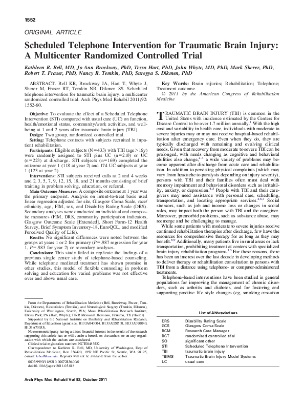(PDF) Scheduled Telephone Intervention for Traumatic Brain Injury: A ...