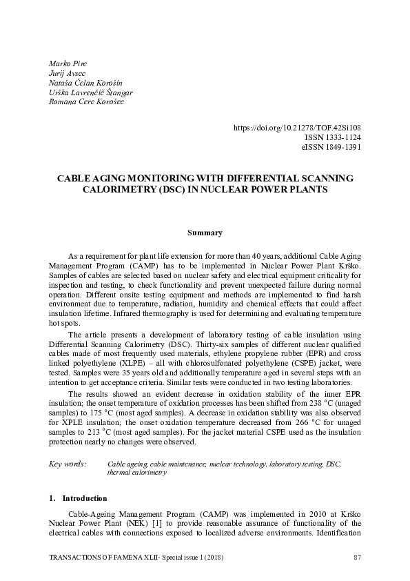 (PDF) Cable Aging Monitoring with Differential Scanning Calorimetry (DSC) in Nuclear Power Plants