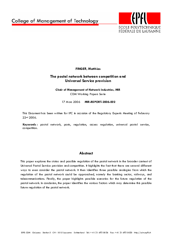 (PDF) The postal network between competition and Universal Service ...