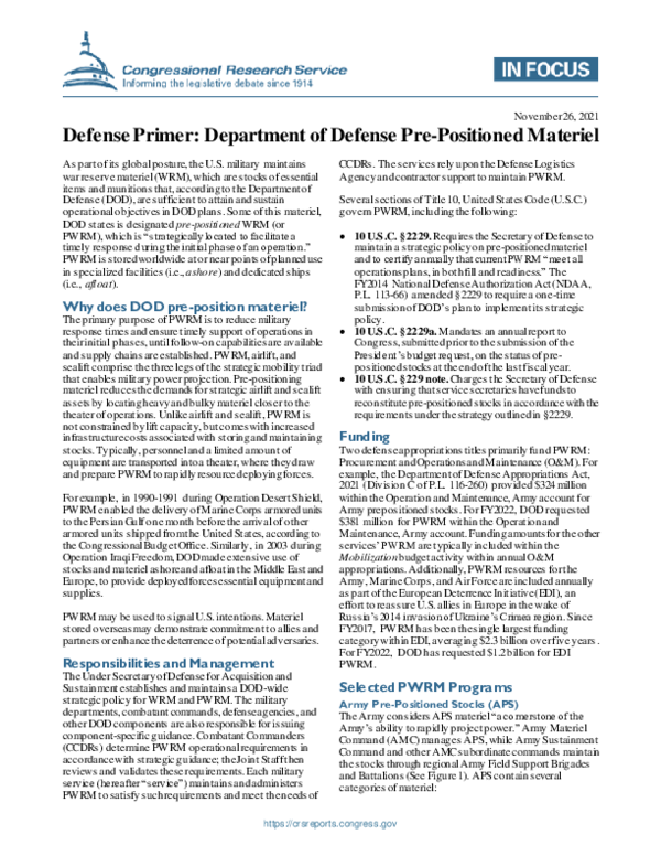(PDF) Defense Primer: Department of Defense Pre-Positioned Materiel