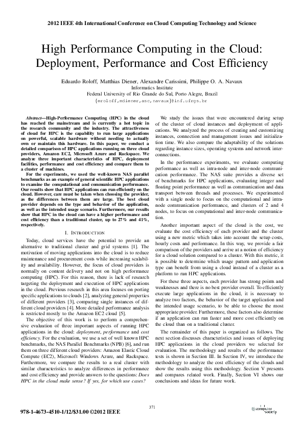 Pdf High Performance Computing In The Cloud Deployment Performance And Cost Efficiency 
