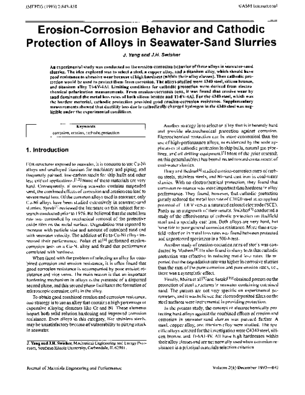(PDF) Erosion-corrosion behavior and cathodic protection of alloys in seawater-sand slurries