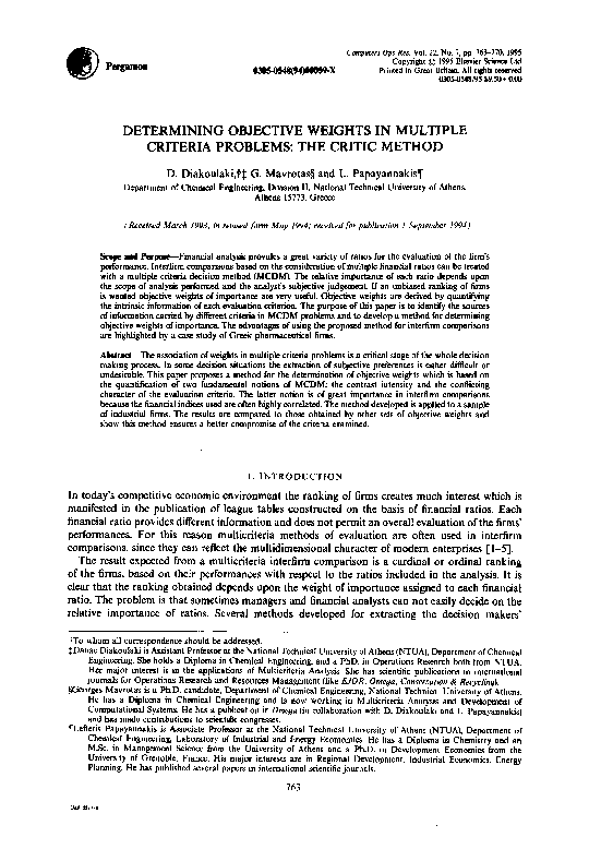 Pdf Determining Objective Weights In Multiple Criteria Problems The