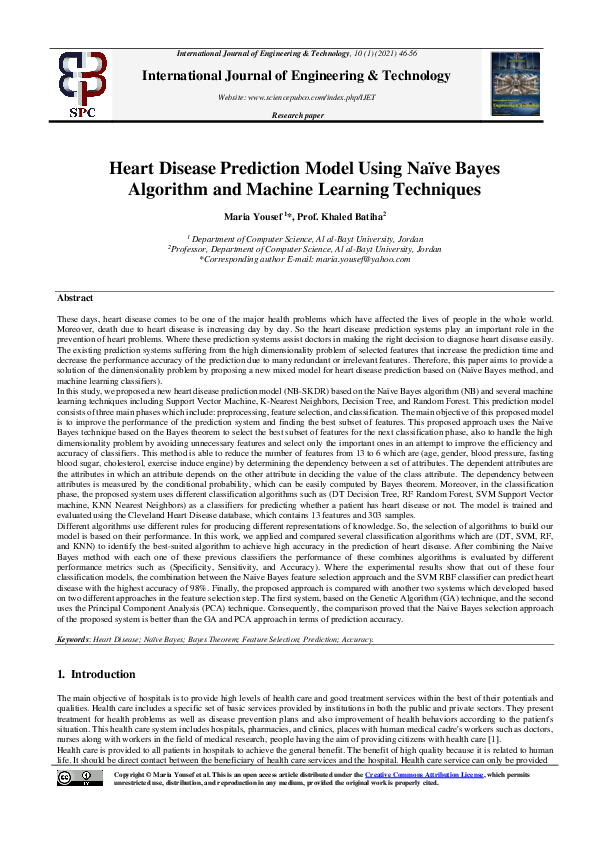 Pdf Heart Disease Prediction Model Using Naïve Bayes Algorithm And