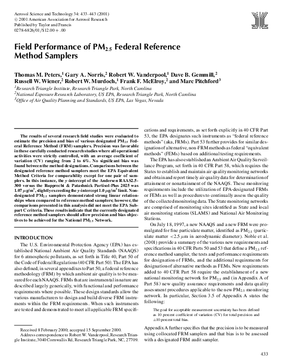 (PDF) Field Performance of PM2.5 Federal Reference Method Samplers