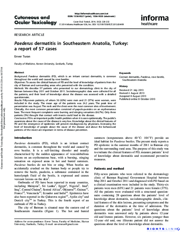 (PDF) Paederus dermatitis in Southeastern Anatolia, Turkey: a report of ...