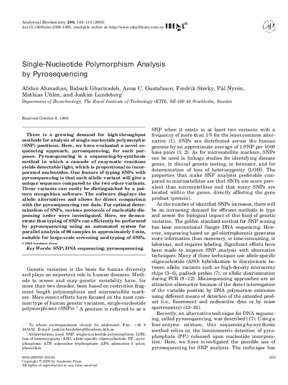 (PDF) Single-Nucleotide Polymorphism Analysis by Pyrosequencing