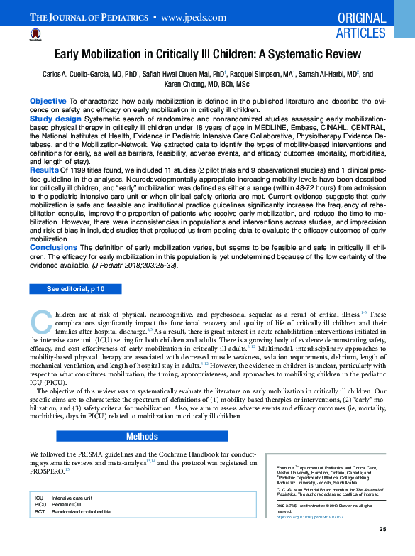 (PDF) Early Mobilization in Critically Ill Children: A Systematic Review