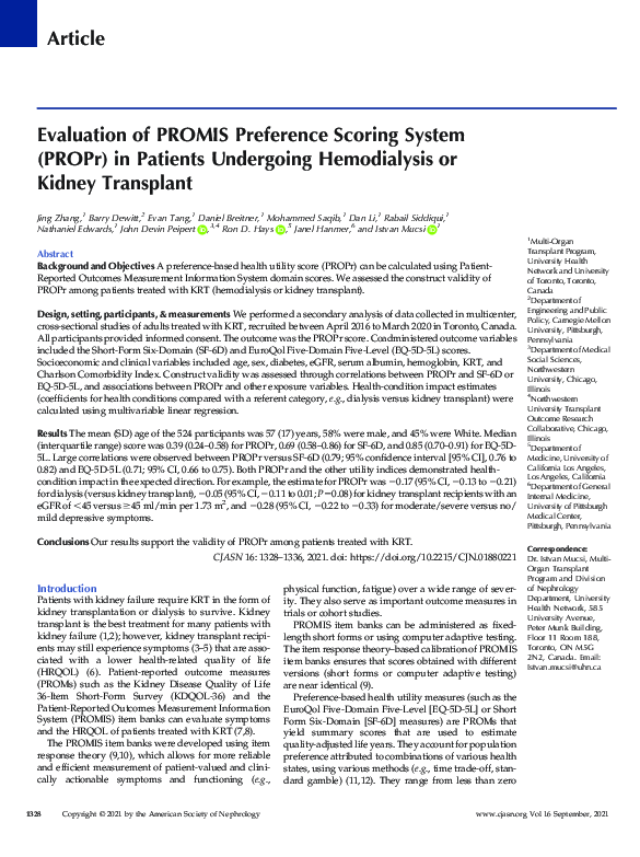 (PDF) Evaluation of PROMIS Preference Scoring System (PROPr) in ...
