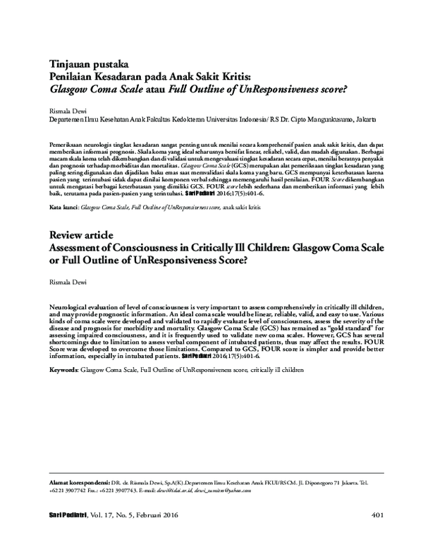 (PDF) Penilaian Kesadaran pada Anak Sakit Kritis: Glasgow Coma Scale ...