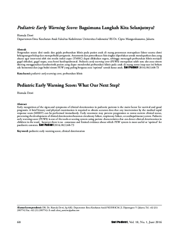 (PDF) Pediatric Early Warning Score: Bagaimana langkah kita selanjutnya?