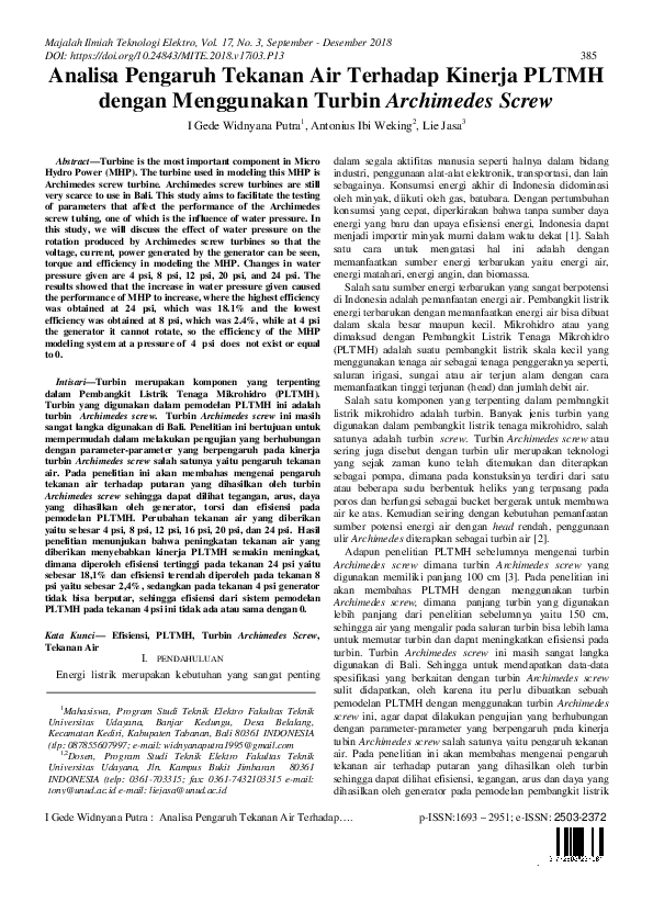 (PDF) Analisa Pengaruh Tekanan Air Terhadap Kinerja PLTMH dengan Menggunakan Turbin Archimedes Screw