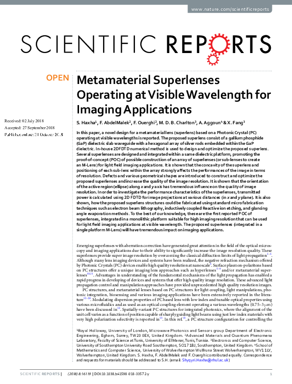 (PDF) Metamaterial Superlenses Operating at Visible Wavelength for ...