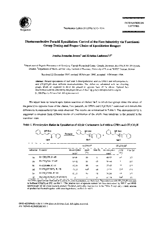 (PDF) Diastereoselective peracid epoxidation: Control of the face ...