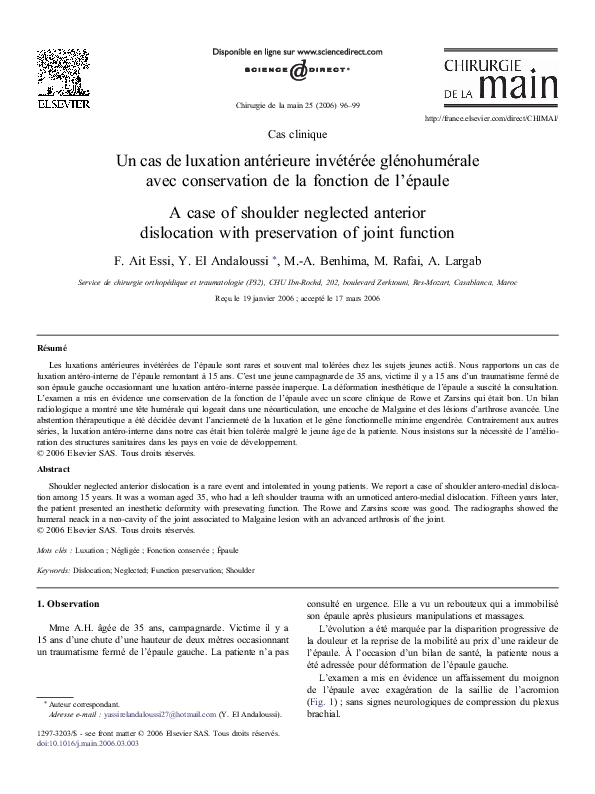 (PDF) Un cas de luxation antérieure invétérée glénohumérale avec ...
