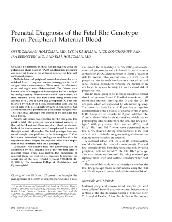 (PDF) Prenatal Diagnosis of the Fetal Rhc Genotype From Peripheral Maternal Blood