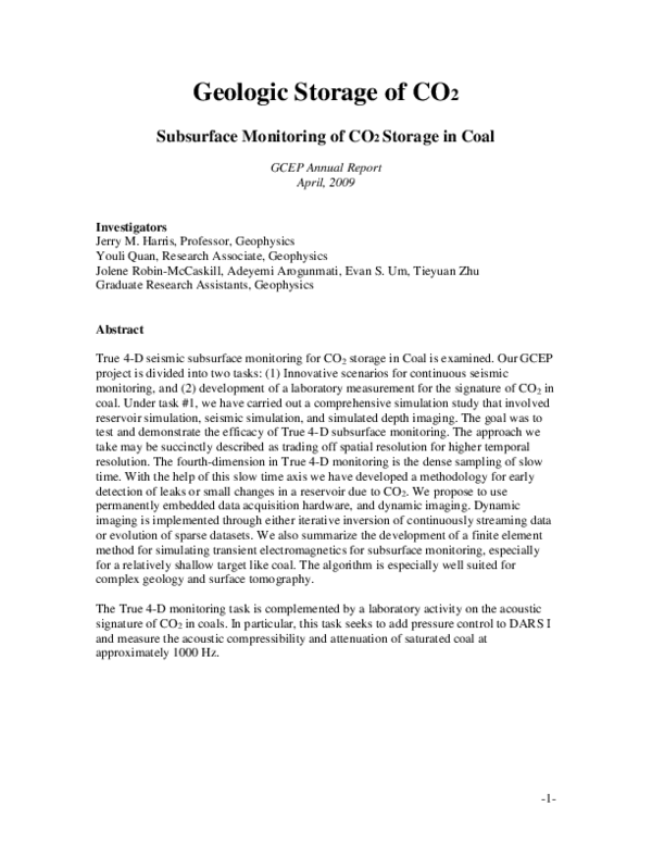 (PDF) Geologic Storage of CO2 Subsurface Monitoring of CO2 Storage in Coal