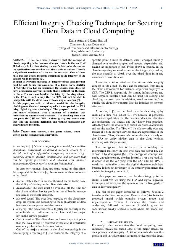 (PDF) Efficient integrity checking technique for securing client data in cloud computing
