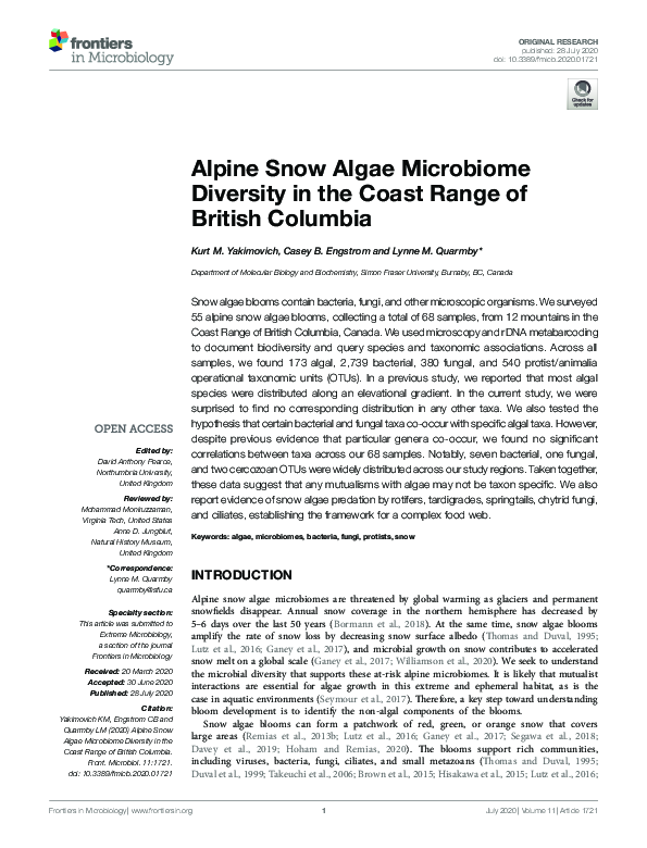 (PDF) Alpine Snow Algae Microbiome Diversity in the Coast Range of ...