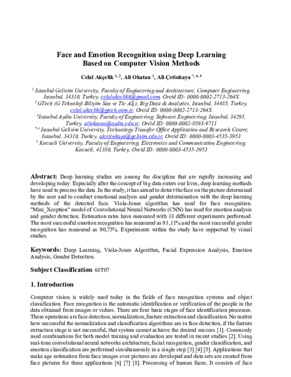 (PDF) Face and emotion recognition using deep learning based on computer vision methods