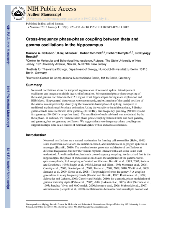 (PDF) Cross-Frequency Phase–Phase Coupling between Theta and Gamma ...