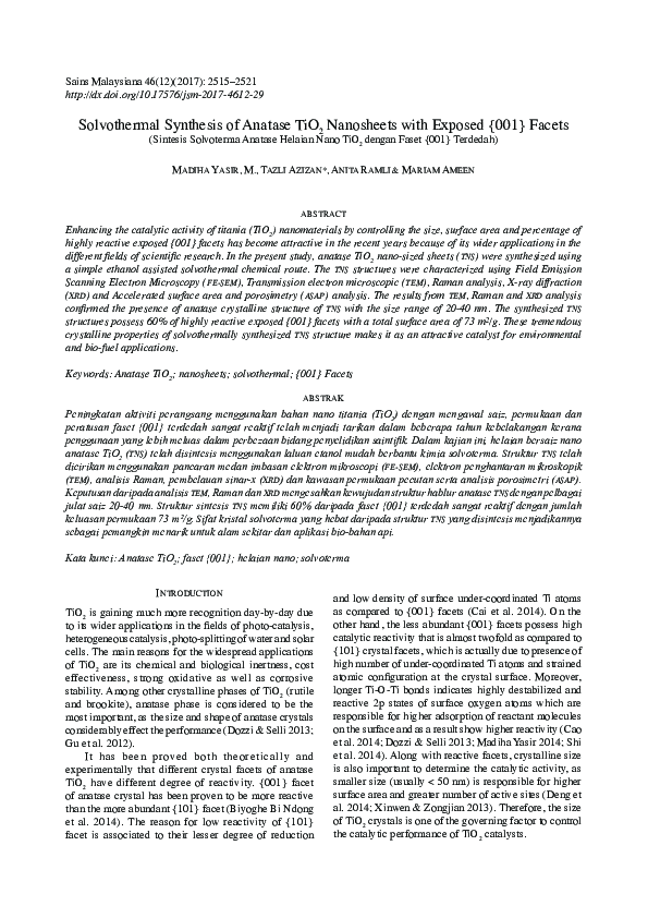 (PDF) Solvothermal synthesis of anatase TiO2 nanosheets with exposed ...