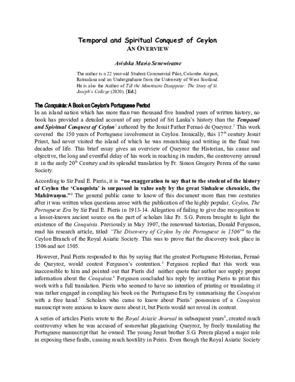 (DOC) Temporal and Spiritual Conquest of Ceylon An Overview