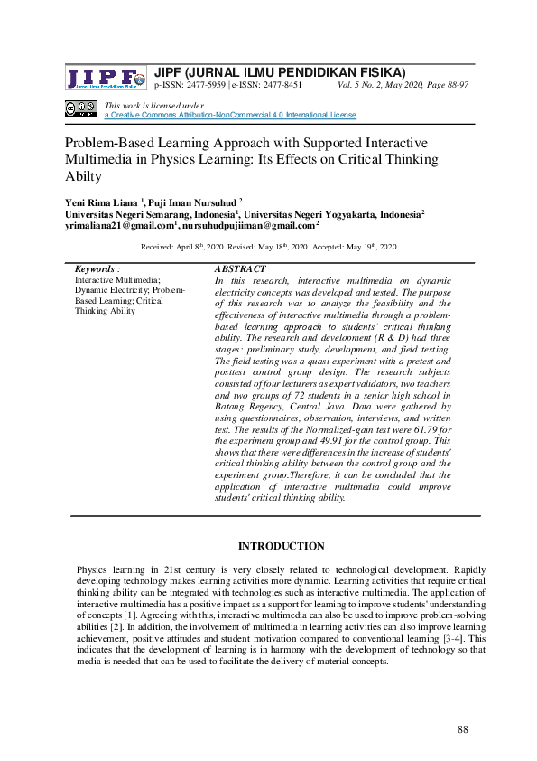 (PDF) Problem-Based Learning Approach with Supported Interactive Multimedia in Physics Learning ...