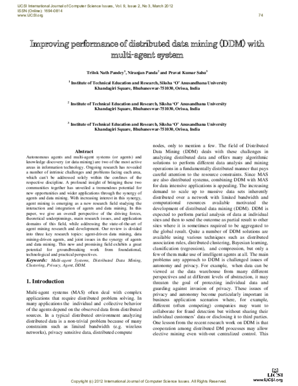 Pdf Improving Performance Of Distributed Data Mining Ddm With Multi Agent System Trilok
