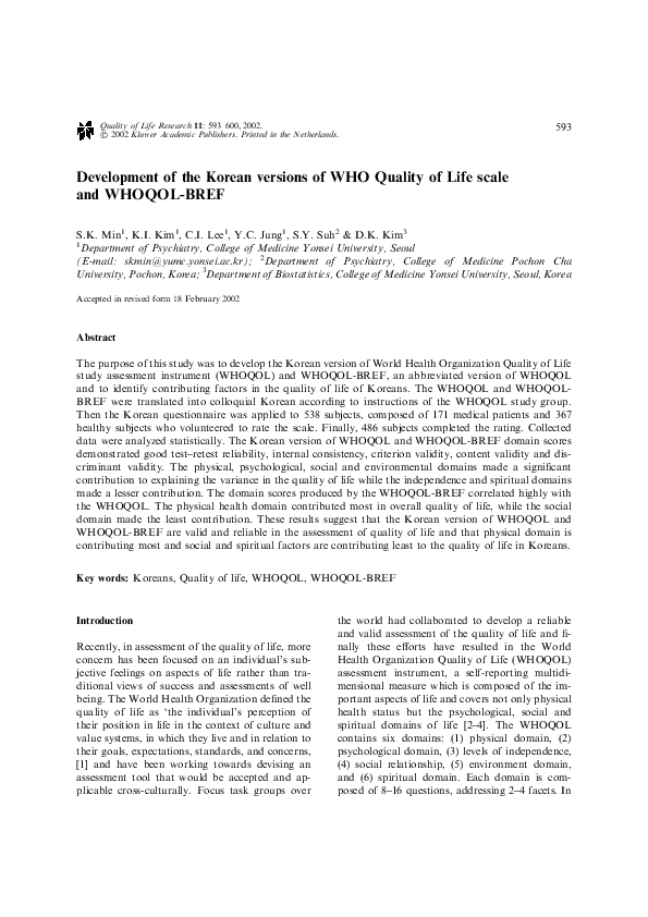 (PDF) Development of the Korean versions of WHO Quality of Life scale ...