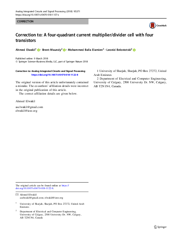 (PDF) Correction to: A four-quadrant current multiplier/divider cell ...