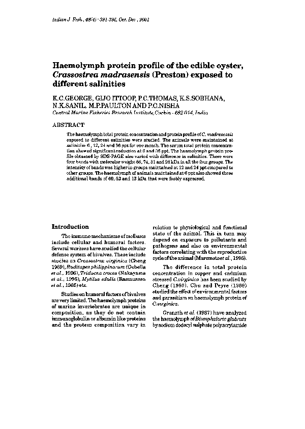 (PDF) Haemolymph protein profile of the edible oyster, Crassostrea ...
