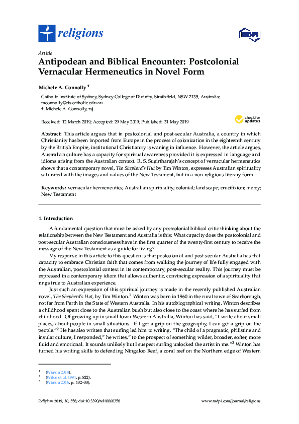 (PDF) Antipodean and Biblical Encounter: Postcolonial Vernacular Hermeneutics in Novel Form