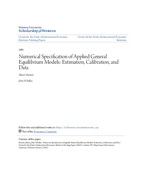 (PDF) Numerical Specification of Applied General Equilibrium Models: Estimation, Calibration ...