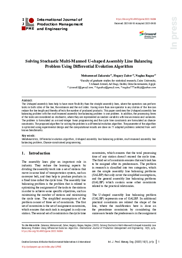 Pdf Solving Stochastic Multi Manned U Shaped Assembly Line Balancing Problem Using